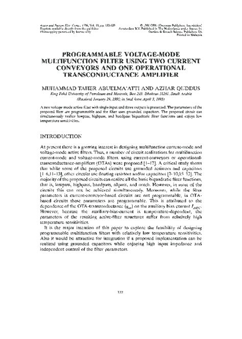 Pdf Programmable Voltage Mode Multifunction Filter Using Two Current