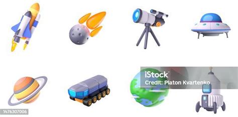 3d 공간 아이콘 로켓 셔틀 떨어지는 혜성 Ufo 지구 지구 달 로버 망원경 우주 궤도 천문학 위성 우주 관측 Ux Ui 아이콘