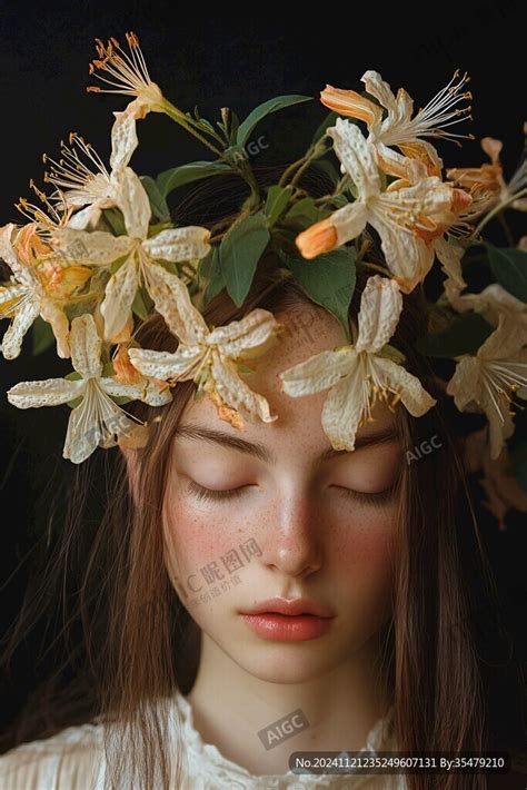 Ai创作图百合花少女 欧美大花 鲜花遮挡脸部 百合花冠 仙女系 花下少女 雀斑维纳斯 仲夏少女像 花朵头饰 花房姑娘 油画风花材 花环少女 人面花 雀斑美人详情 写实唯美 昵图网