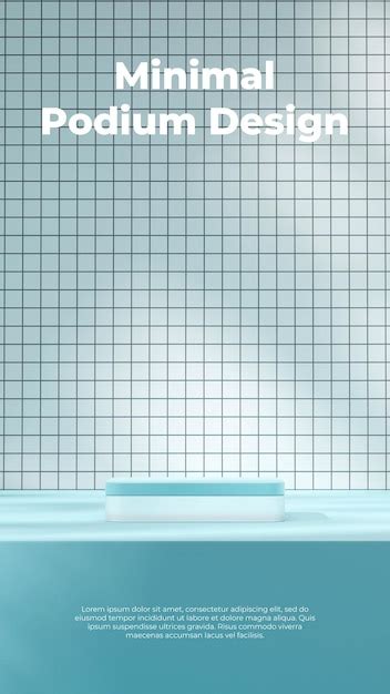 Шаблон сцены стекло и синий подиум в портрете белая квадратная плитка стена и синий пол 3d