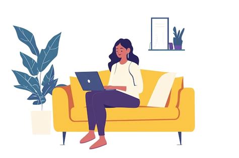 A Woman On A Yellow Couch With A Laptop On Her Lap Premium Ai Generated Image