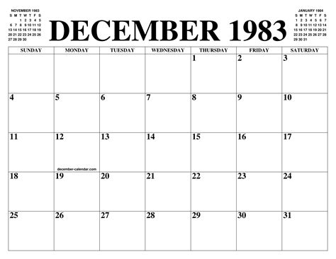 DECEMBER 1983 CALENDAR OF THE MONTH FREE PRINTABLE DECEMBER CALENDAR
