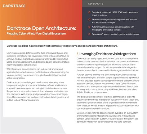 Darktrace Open Architecture Plugging Cyber Ai Into Your Digital Ecosystem Data Sheet