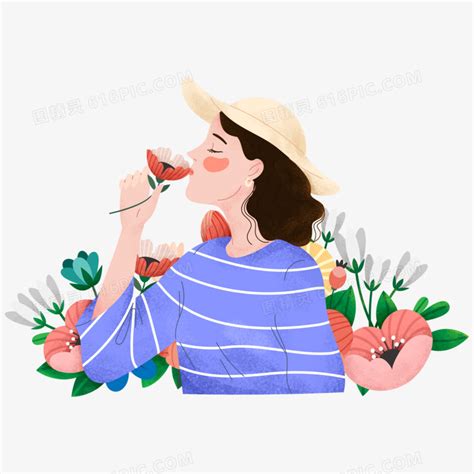 手绘扁平女生闻花香免抠素材图片免费下载 PNG素材 编号vr7im6mkd 图精灵