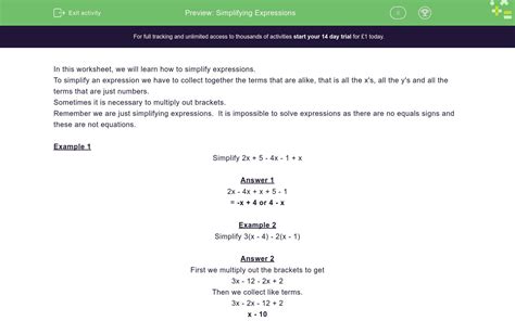 Simplifying Expressions Worksheet EdPlace