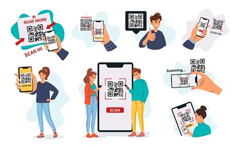 사람들과 함께 Qr 코드 프레임 스마트폰을 사용하여 Qr 코드를 스캔하고 모바일 스캔 프로세스를 진행하고 휴대전화를 손에 들고 템플릿을 스캔하는 만화 캐릭터 벡터 일러스트