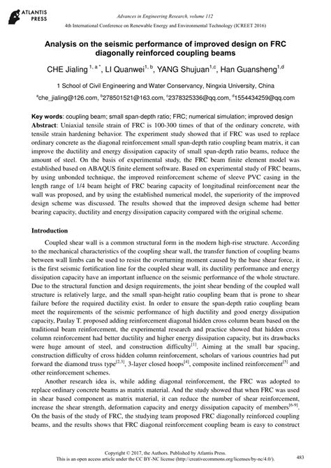 Pdf Analysis On The Seismic Performance Of Improved Design On Frc Diagonally Reinforced