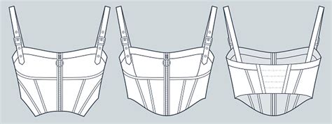 지퍼 탑 테크니컬 패션 일러스트레이션 세트입니다 코르셋 탑 패션 플랫 기술 도면 템플릿 버클 스트랩 탄성 디테일 뒤로 슬림 핏