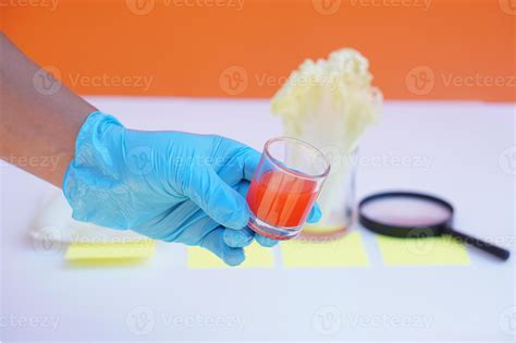 Hand Wear Blue Glove Of Glass Of Red Color Water To Do Science Experiment Concept Science