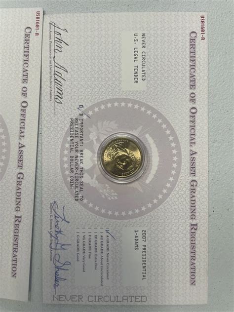 2007 Certificate Of Official Asset Grading Registration John Adams Coin