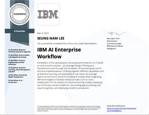 🎓 Obtained Certification Ibm Ai Enterprise Workflow 6 Courses Tests Seungnam Lee Rac 이승남
