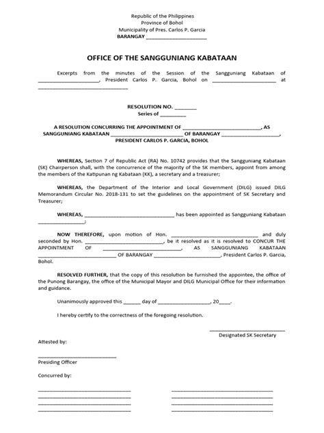 Sk Resolution Concurring Appointment Of Sk Sec And Treas Pdf Youth