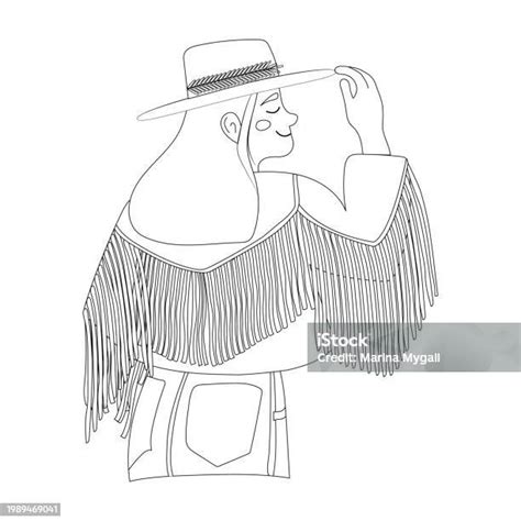 모자를 쓴 카우보이 소녀 카우보이 재킷을 입은 여자 와일드 웨스트 컨셉 벡터 윤곽선 그리기 Accessories Council에