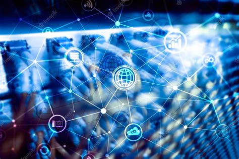 Ict 정보 및 통신 기술 및 Iot 사물 인터넷 개념 서버실 배경에 아이콘이 있는 다이어그램 프리미엄 사진