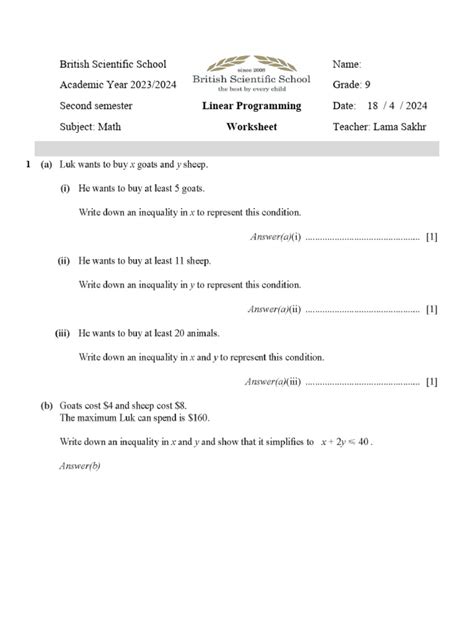 G9 Math 143 Linear Programming Worksheet Pdf