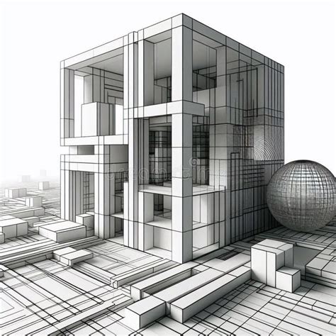 Architectural Composition With Cube Sphere And Parallelepiped Stock