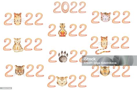 수채화 일러스트 핸드 그린 오렌지 번호 2022 와 흰색에 고립 된 남성 호랑이 중국 달력의 새해 기호 공휴일에 대한 스톡 벡터 아트 및 기타 이미지 Istock