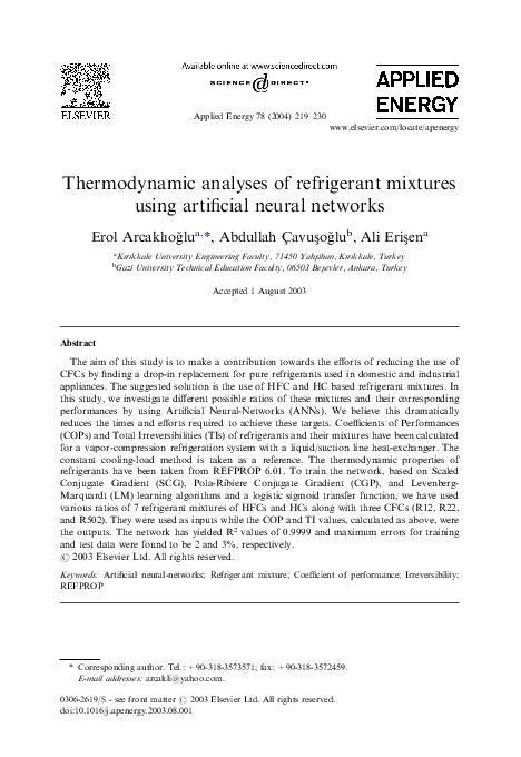 Pdf Thermodynamic Analyses Of Refrigerant Mixtures Using Artificial Neural Networks