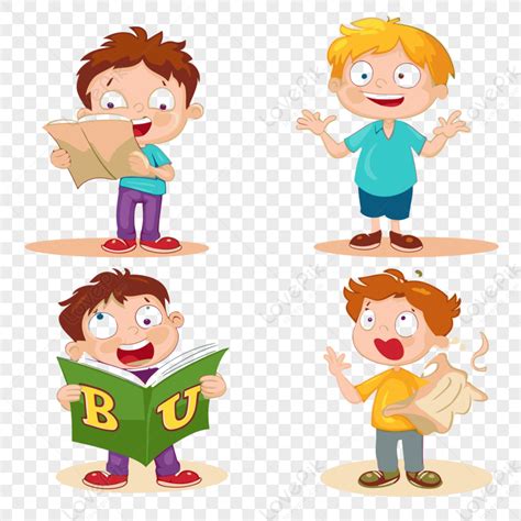 문법 클립 아트 만화에 관한 책을 읽고 다른 포즈의 네 학교 소년 벡터 Png 일러스트 무료 다운로드 Lovepik