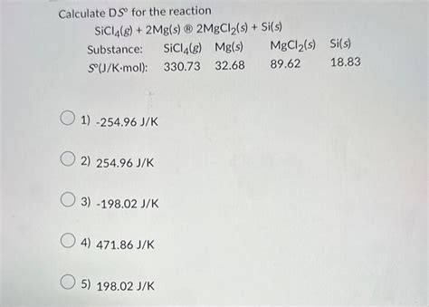 Solved Calculate Ds∘ For The Reaction Sicl4 G 2mg S And