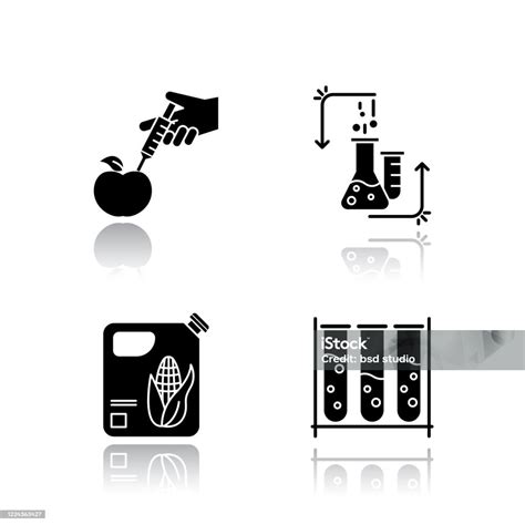 과학과 자연 드롭 그림자 검은 문말 아이콘 세트 생명 공학 제품 실험 방법론 실험실에서 작업 유기 화학 연구 격리된 벡터 일러스트레이션 개념에 대한 스톡 벡터 아트 및 기타