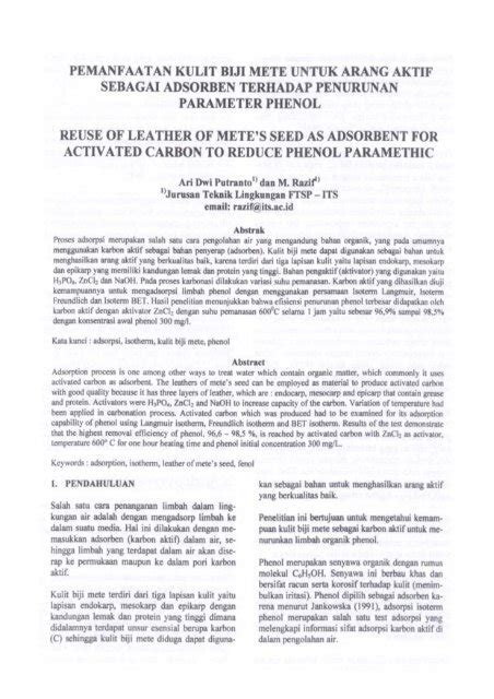 Pemanfaatan Kulit Biji Mete Untuk Arang Aktif Sebagai Its