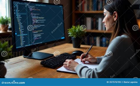 Young Female Programmer Working At Home Woman Focused On Coding At Desktop Computer Big Screen