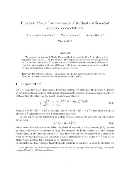 Pdf Unbiased Monte Carlo Estimate Of Stochastic Differential Equations Expectations