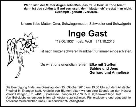 Traueranzeigen Von Inge Gast Trauernnde