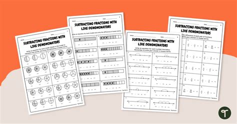 subtracting fractions with like denominators worksheets teach starter