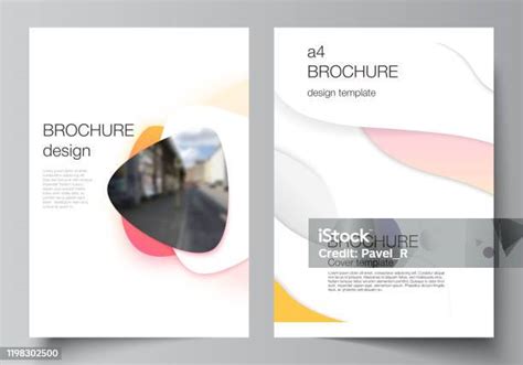 A4 형식의 벡터 레이아웃 현대 표지 모형 브로셔 잡지 전단지 소책자 보고서에 대한 템플릿을 디자인합니다 노란색 색상 그라데이션 추상 동적 모양 화려한 기하학적 템플릿