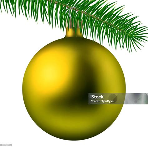 현실적인 노란색 매트 크리스마스 공 또는 흰색 배경에 고립 된 전나무 분기와 값싼 물건 벡터 일러스트 레이 션 0명에 대한 스톡 벡터 아트 및 기타 이미지 Istock