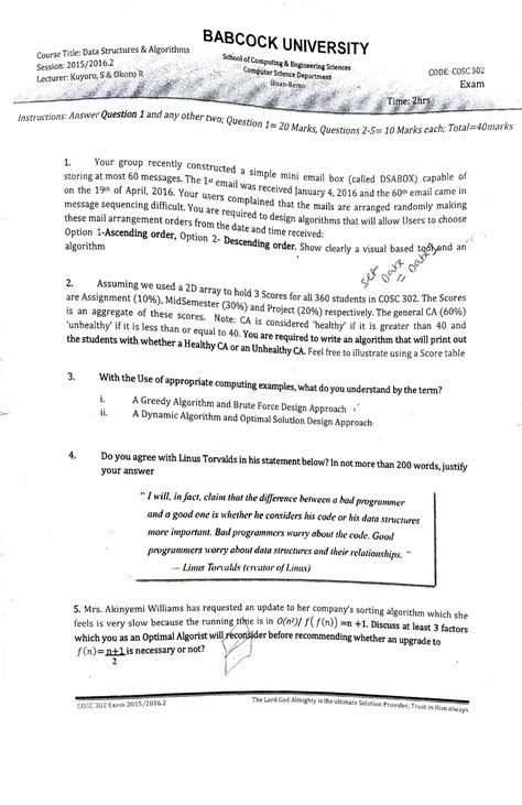 COSC302 EXAM 15 16 Exam Structures Algorithms BABCOCKSeti UNIVERSITY Course Title Data
