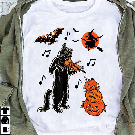 Cat Playing Violin Halloween Devil Pumpkin Black Witch Black Cat