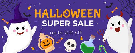 벡터 해피 할로윈 배너 템플릿입니다 휴일 배경입니다 만화 오렌지 호박 마녀 모자 박쥐 유령 사탕 보라색에 두개골 배경 전단지