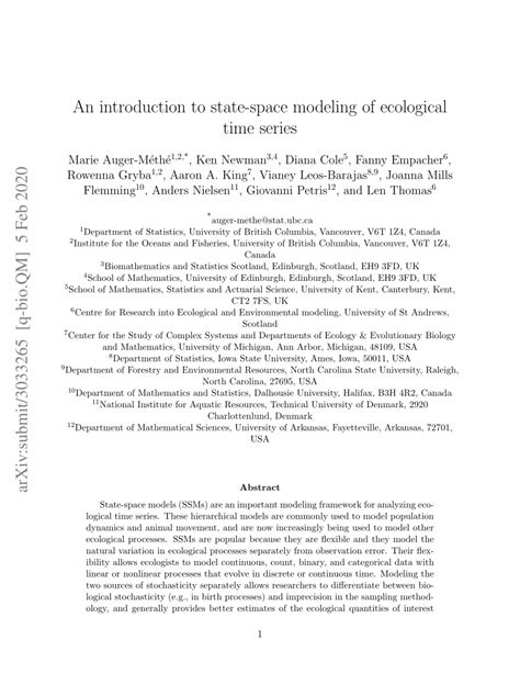 Pdf An Introduction To State Space Modeling Of Ecological Time Series