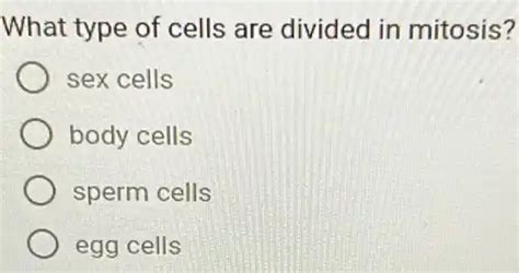 What Type Of Cells Are Divided In Mitosis Sex Cells Body Cells Sperm Cells Egg Cells Question Ai