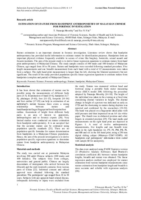 Pdf Estimation Of Stature From Handprint Anthropometry Of Malaysian