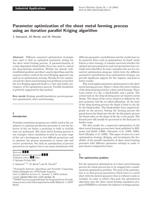 Pdf Parameter Optimization Of The Sheet Metal Forming Process Using