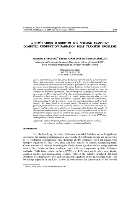 Pdf A New Hybrid Algorithm For Solving Transient Combined Conduction Radiation Heat Transfer