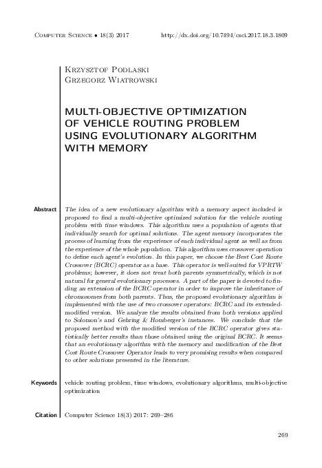 Pdf Multi Objective Optimization Of Vehicle Routing Problem Using Evolutionary Algorithm With