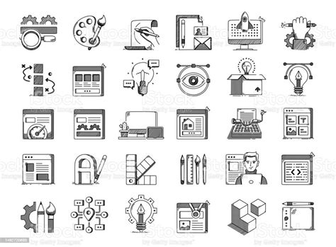 웹 디자인 및 개발 손으로 그린 벡터 낙서 라인 아이콘 세트 아이콘에 대한 스톡 벡터 아트 및 기타 이미지 아이콘 창의력