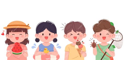 여름 방학 어린이 개념 그림 귀여운 아이들이 여름을 즐기고 있습니다 프리미엄 벡터