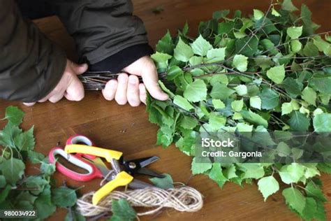 목욕의 뜨개질 자작나무 빗자루 남자의 손에 자작나무 나무의 신선한 가지를 함께 넣어 Secateur가 위 및 로프 근처 거짓말 가위에 대한 스톡 사진 및 기타 이미지