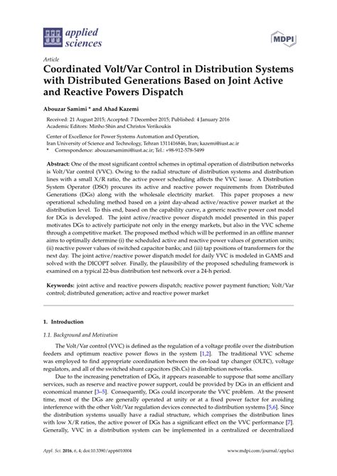 Pdf Coordinated Voltvar Control In Distribution Systems With