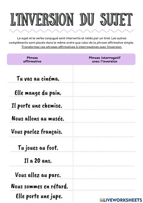 Linversion Exercise Phrase Interrogative Exercice Pour Enfant