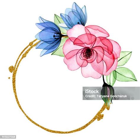 수채화 그림 황금 프레임 투명한 꽃과 장미 잎의 화환 핑크 로즈 엑스레이 0명에 대한 스톡 벡터 아트 및 기타 이미지 0명 고풍스런 구도 Istock