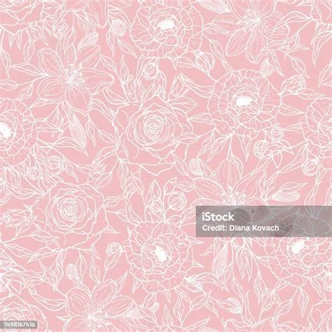 손으로 그린 핑크색과 흰색 모란 장미 백합의 매끄러운 패턴 나뭇잎이 있는 꽃과 가지 인사말 카드 벽지 포장지 패브릭을 위한 장식적인 꽃 벡터 그림 0명에 대한 스톡 벡터