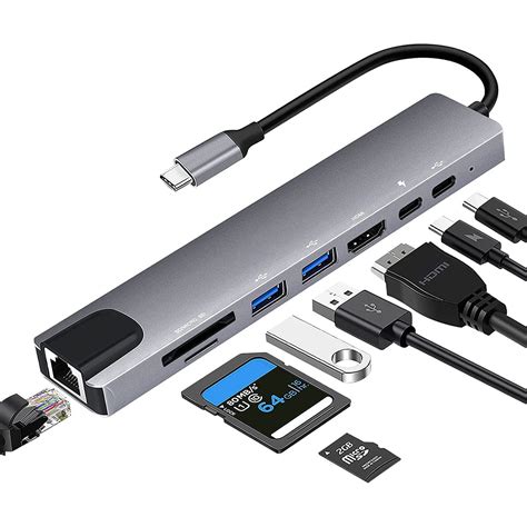 Многопортов адаптерен хъб 8 в 1 Usb C 3 1 Axeloni към Hdmi 4k Lan Rj45 Ethernet Type C порт