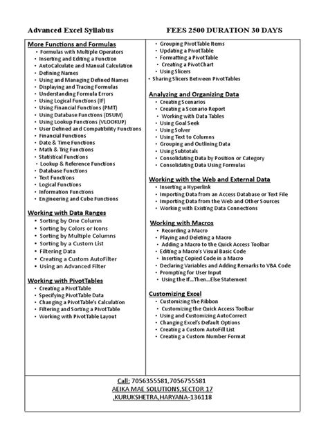 Advanced Excel Syllabus Fees 2500 Duration 30 Days More Functions And
